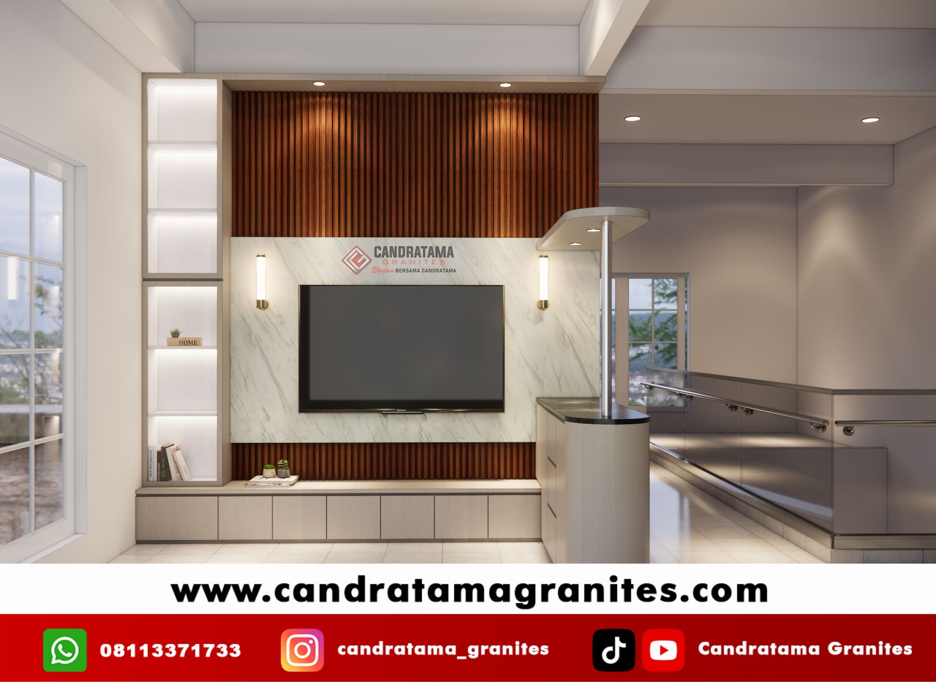 Backdrop TV Modern dengan Granit & Panel Kayu Vertical - JASA DESAIN ...